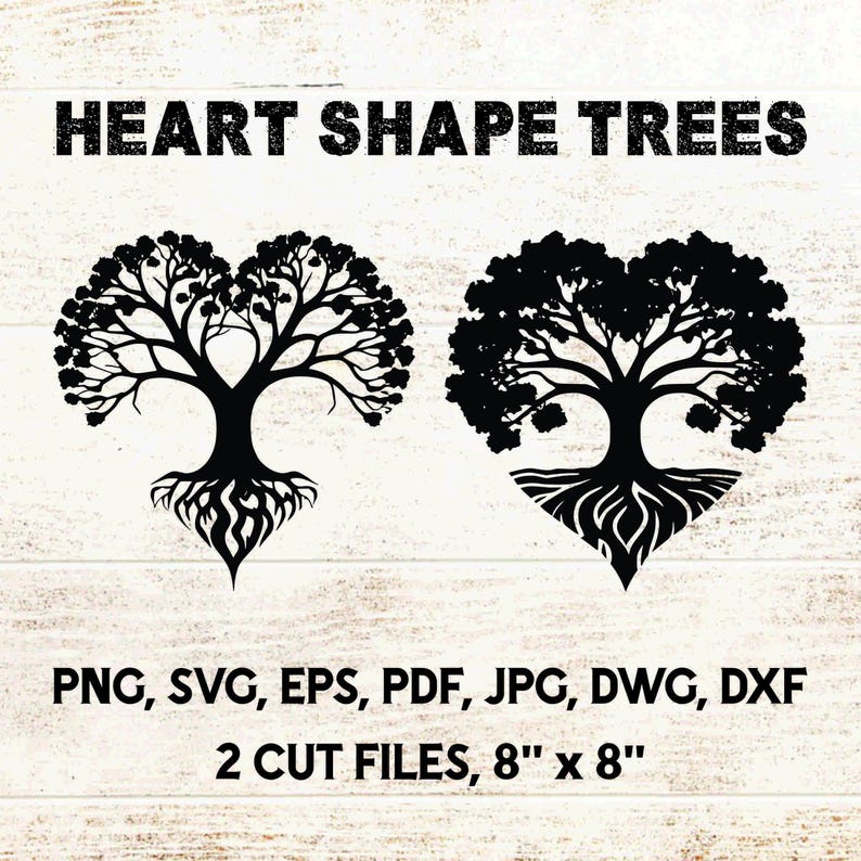 Oak Tree SVG PNG Silhouette, 2 Heart Shape Tree With Roots, Family Tree ...