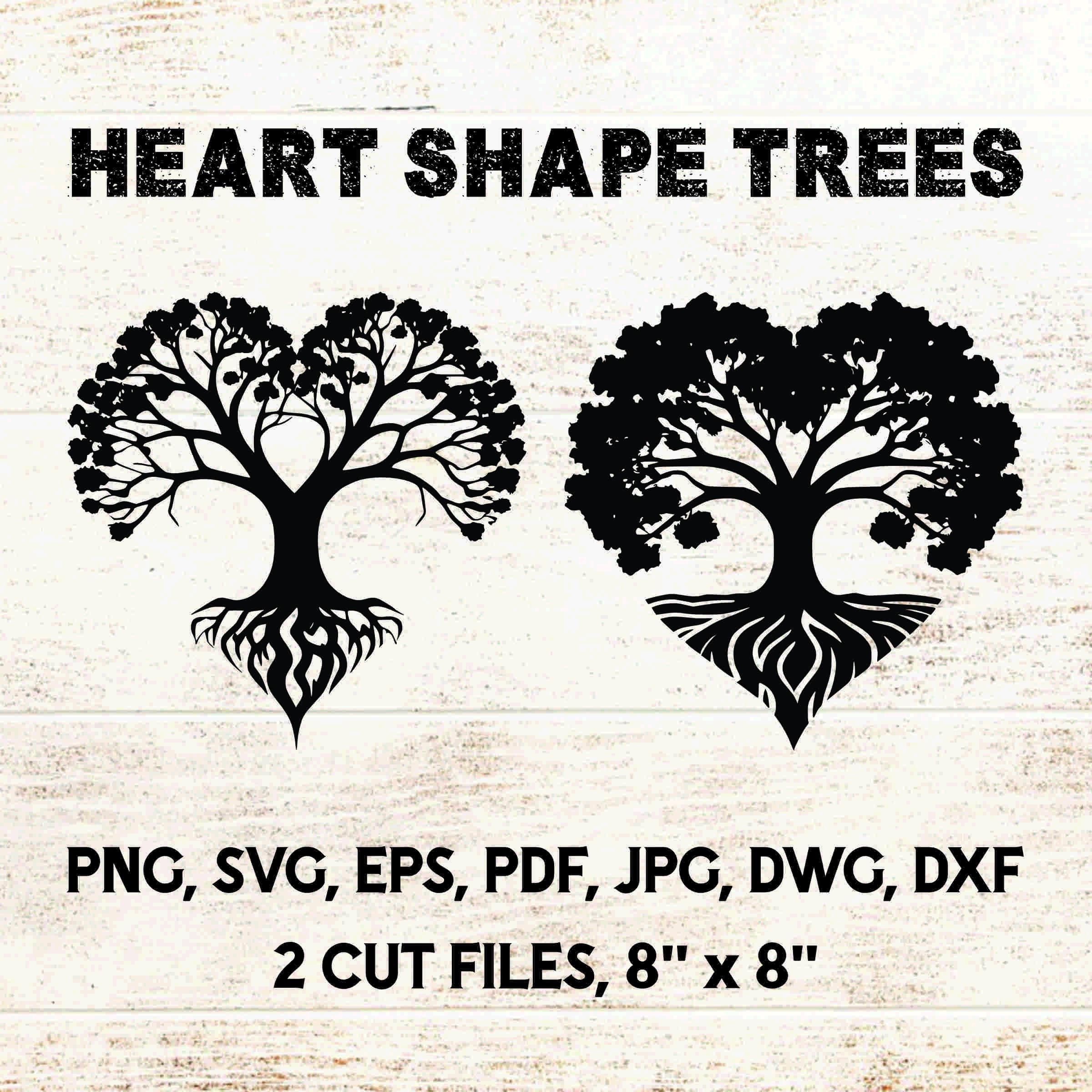 Oak Tree SVG PNG Silhouette, 2 Heart Shape Tree With Roots, Family Tree ...