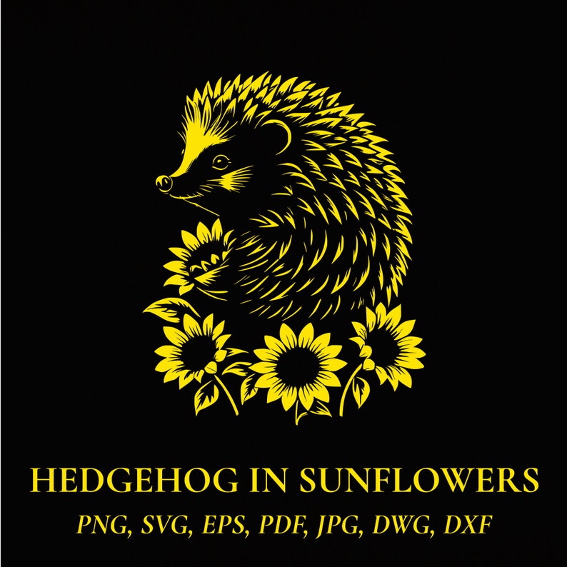 Hedgehog in Sunflowers SVG PNG, Cut File for Black Background, White ...