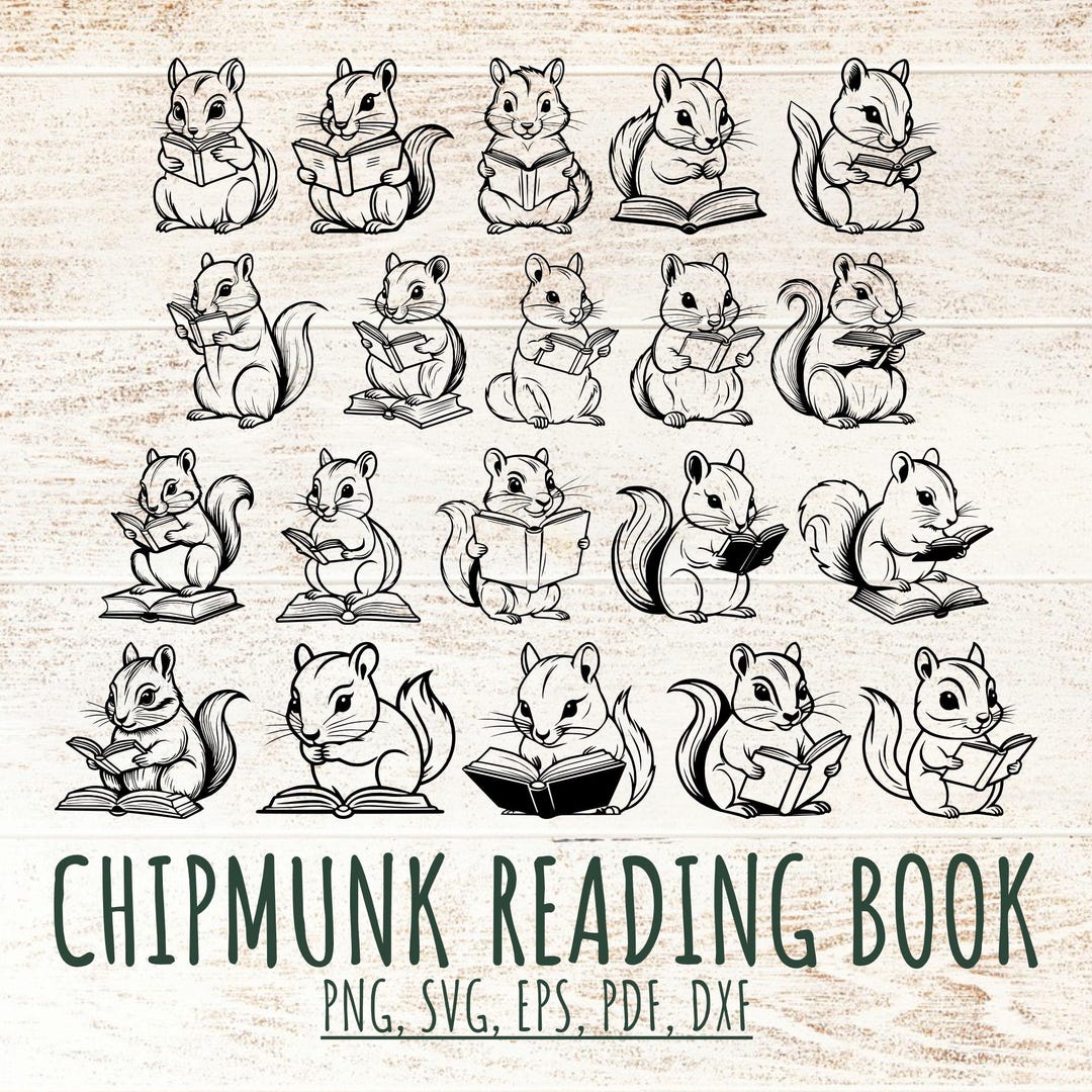 Chipmunk Reading Book SVG PNG Bundle, Bookworm Squirrel Literary Club ...