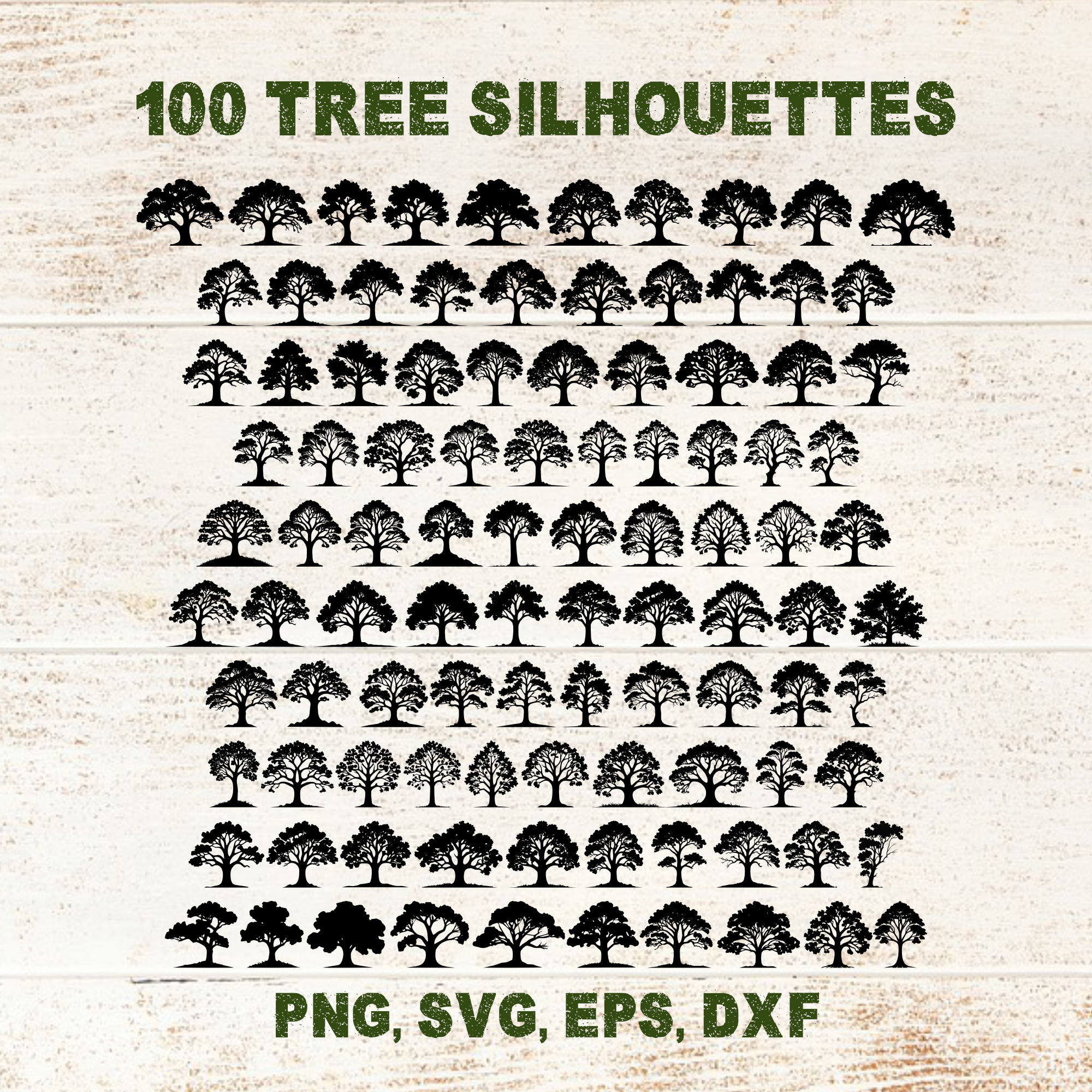 100 Tree Silhouette SVG PNG Bundle, Oak Tree Beech Species, Woodland ...