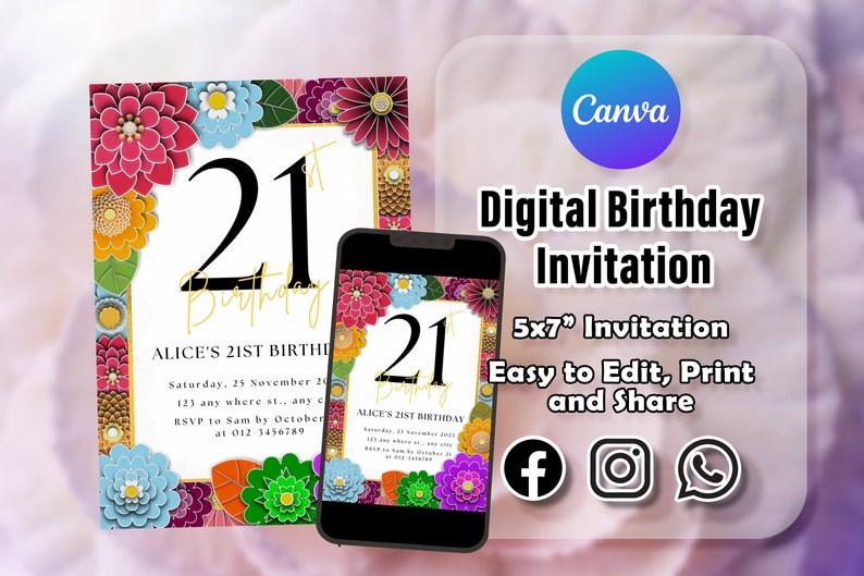 Floral Papercut Birthday Invitation, Editable Flower Invitation ...