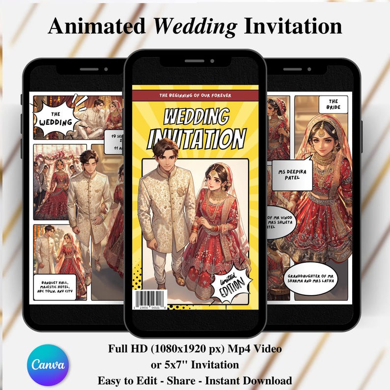 Digital Indian Animated Wedding Invitation, Japanese Manga Comic Style ...