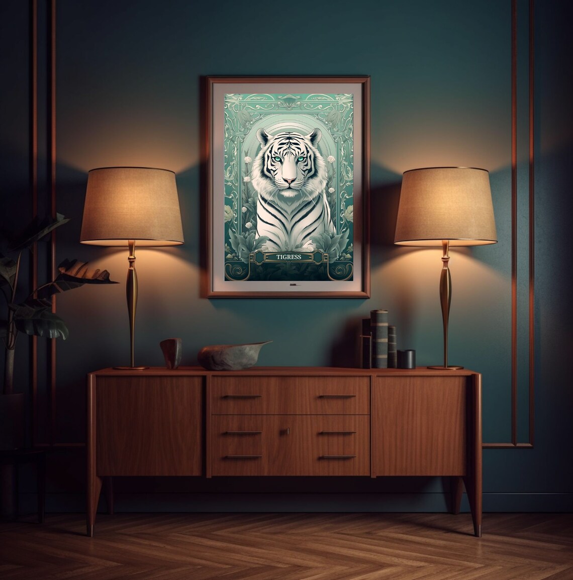 Majestic Tigress Gothic Poster Wild Cat Illustration on Green ...