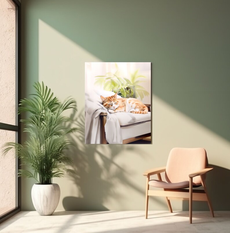 Sunny Cat Nap in Armchair Poster | Cozy Pet Art With Watercolor Feline ...