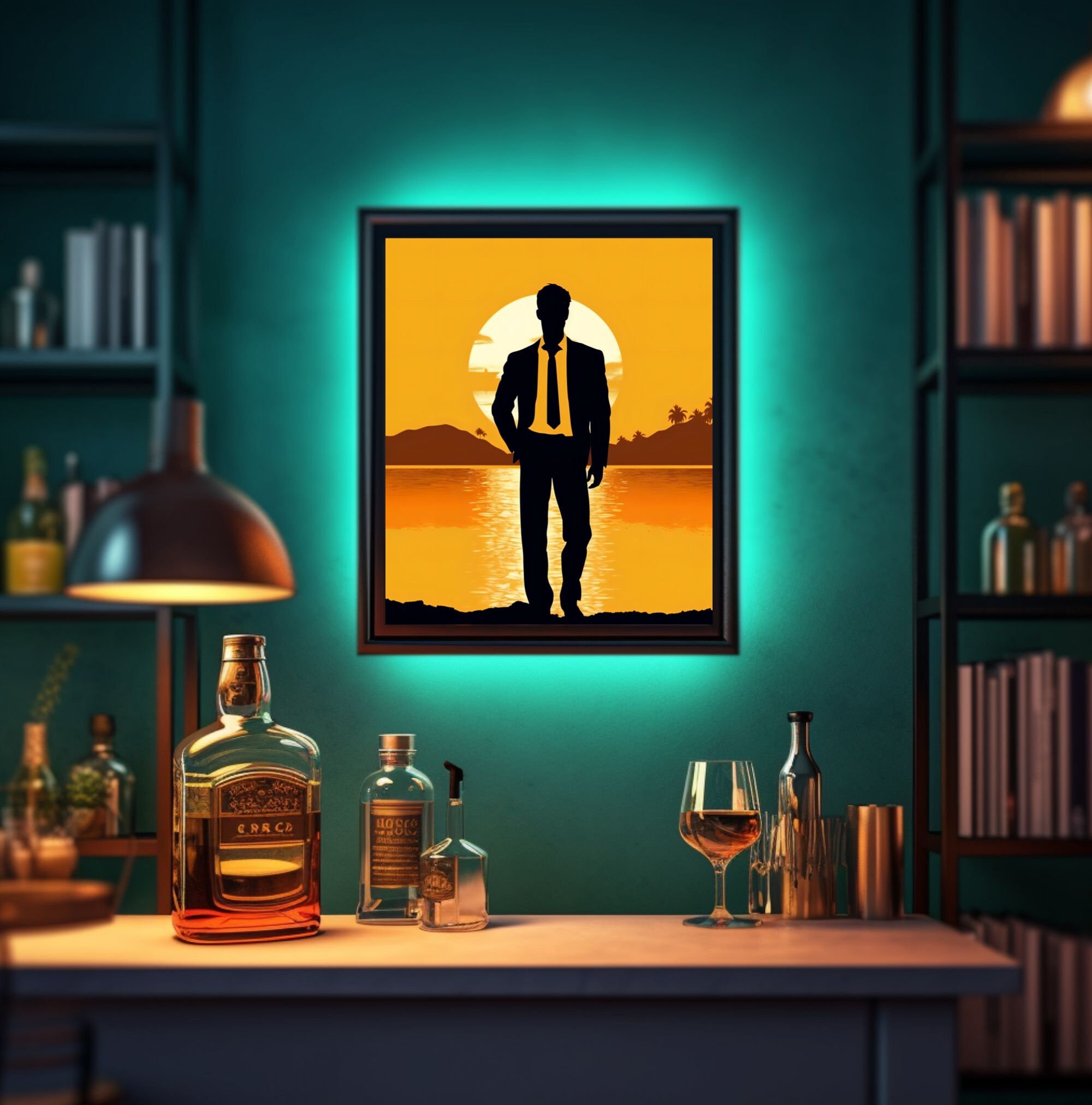 Sunset Suit Man Poster Print | Handsome Silhouette Walking on Beach at ...