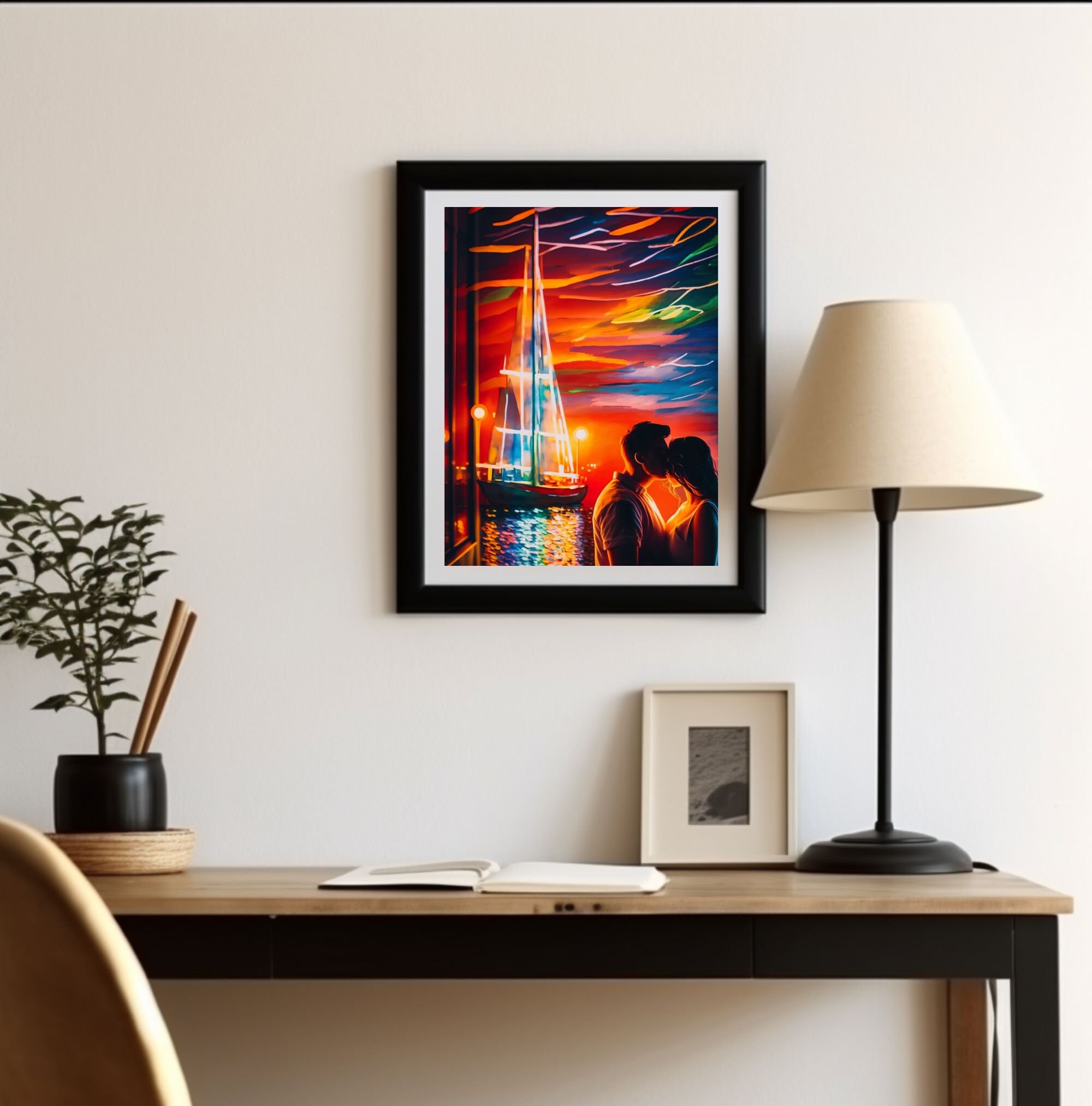 Painting of a Young Couple Kissing at Sunset, Sailboat, Canvas Print ...