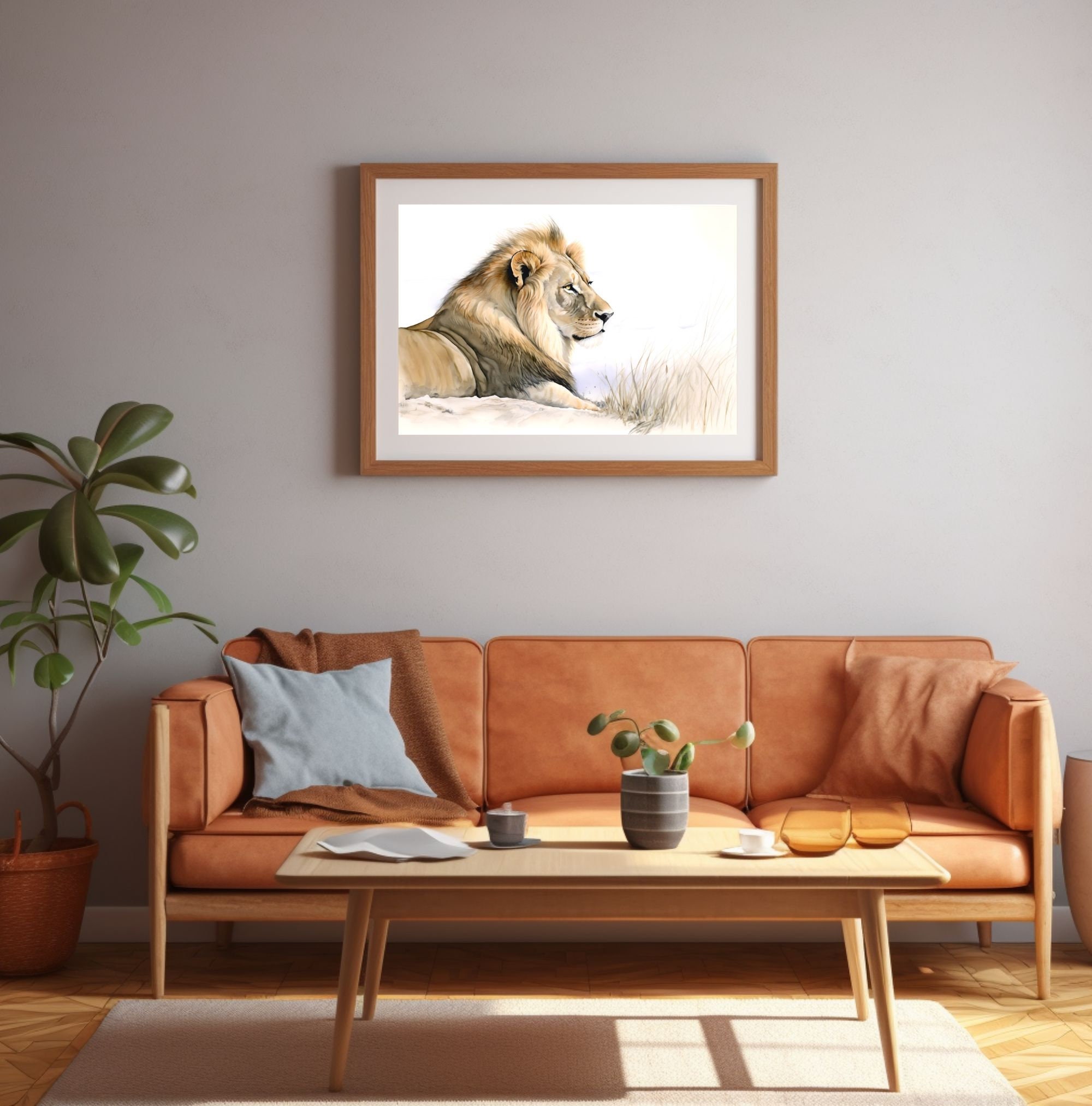 Majestic Lion Horizon Art Watercolor Big Cat Poster for Wild Lion Decor ...