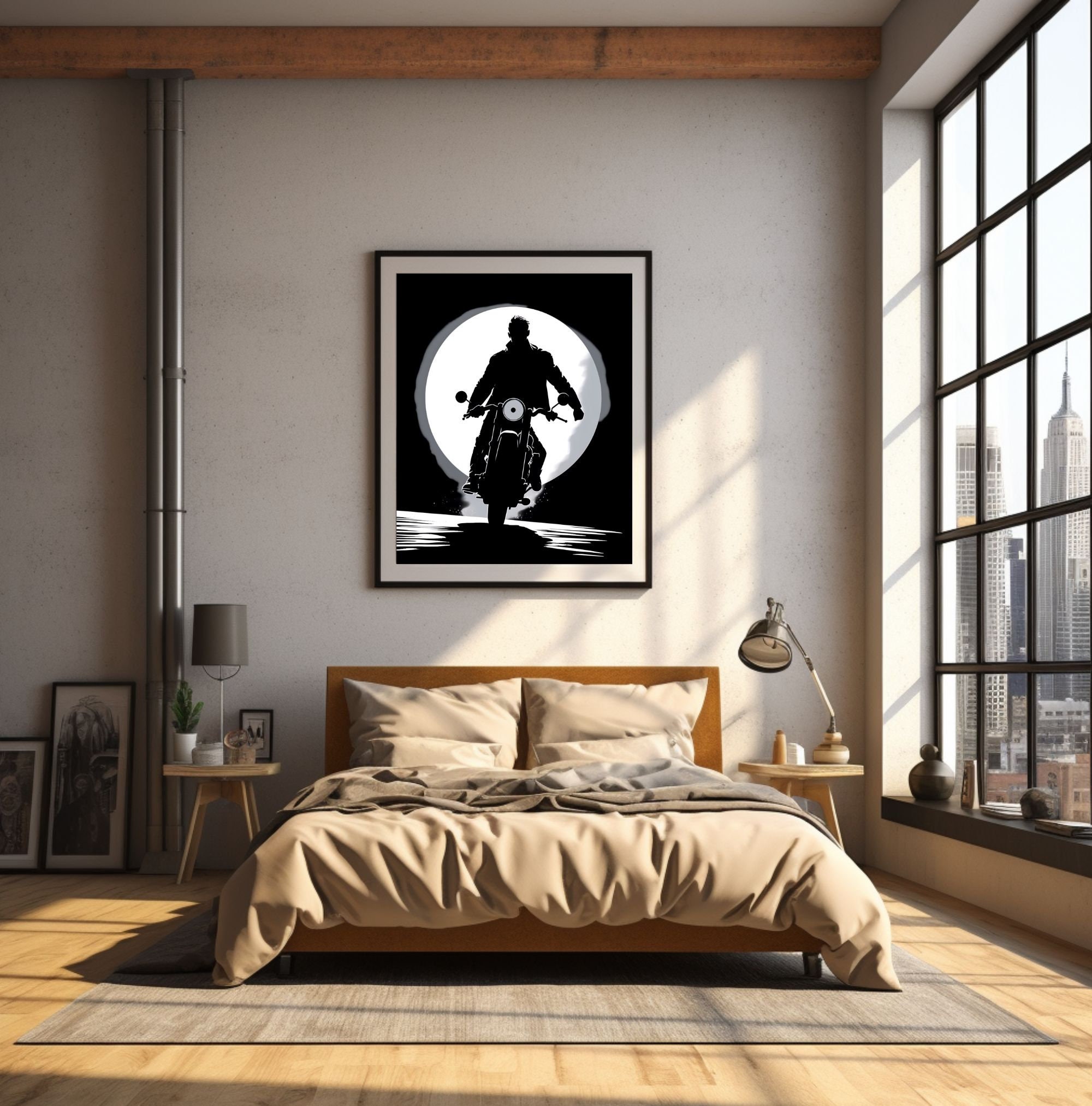 Harley Moonlight Biker Art | Bike Poster With Silhouette of Man on ...
