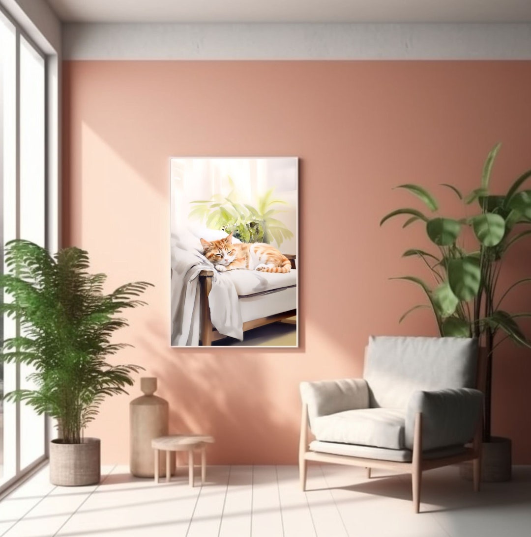 Sunny Cat Nap in Armchair Poster | Cozy Pet Art With Watercolor Feline ...