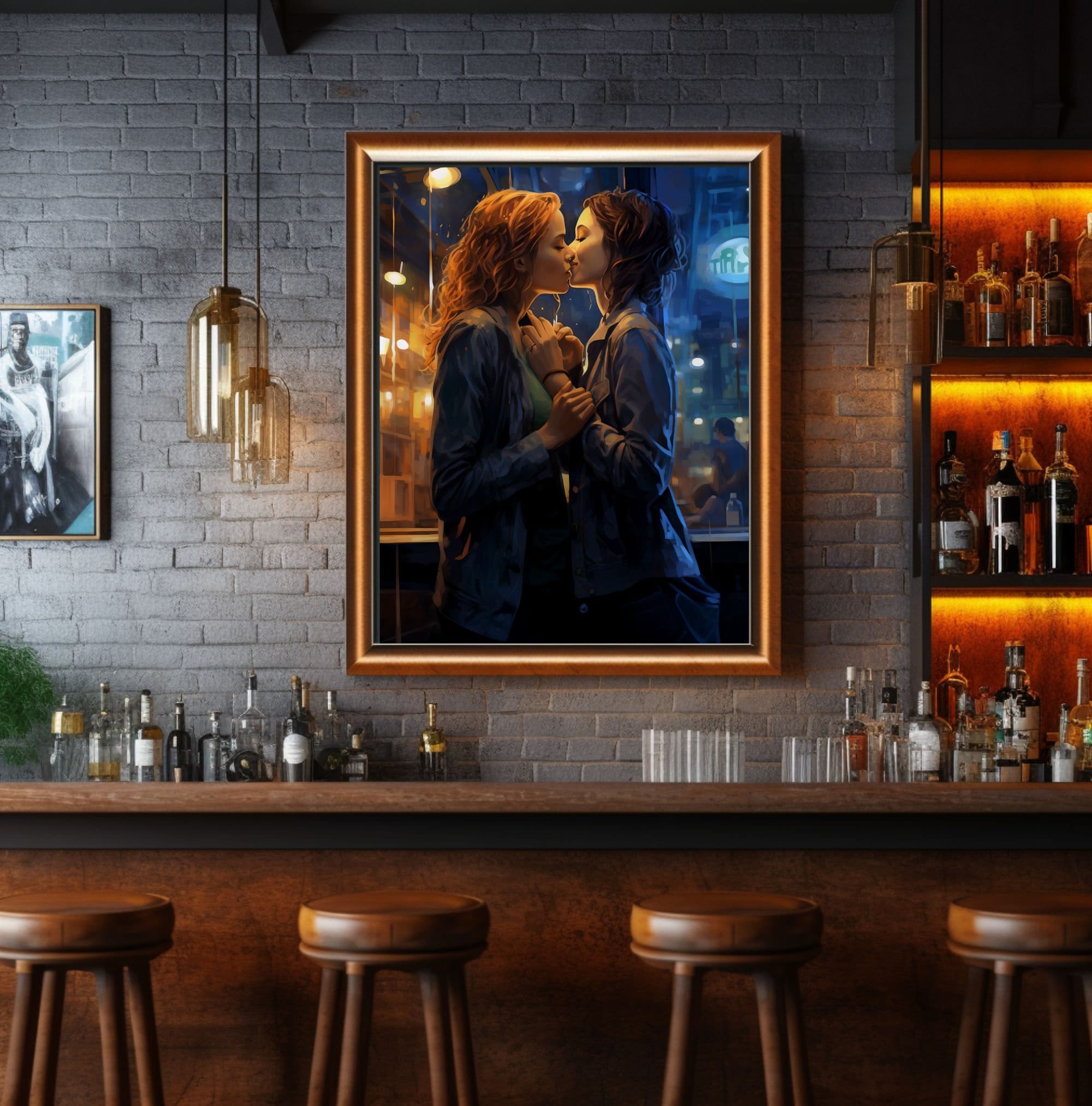 First Kiss in a Bar Romantic Art Print of Lesbian Love and Passion Two ...
