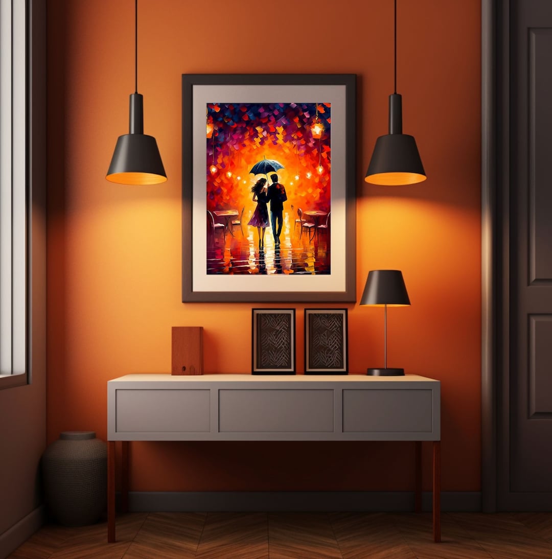 Romantic Rainy Night Art Print | Couple Walking With Colorful Umbrella ...