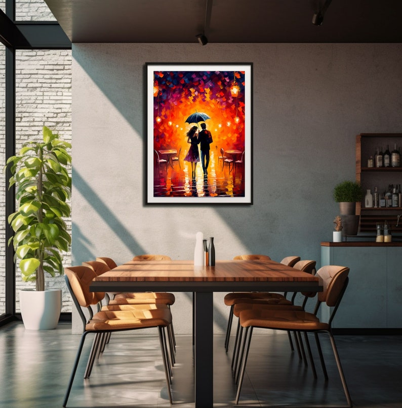 Romantic Rainy Night Art Print | Couple Walking With Colorful Umbrella ...
