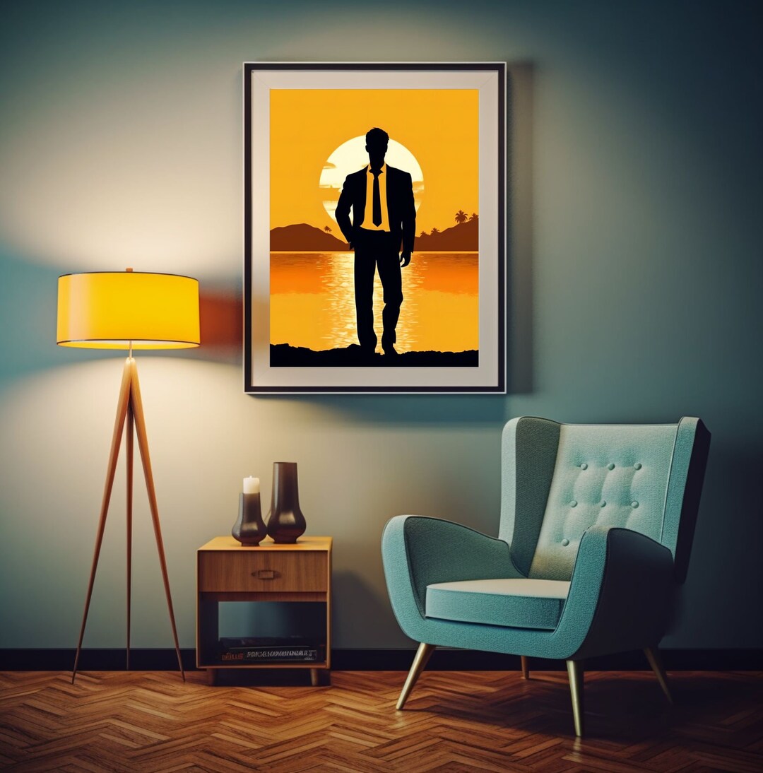 Sunset Suit Man Poster Print | Handsome Silhouette Walking on Beach at ...