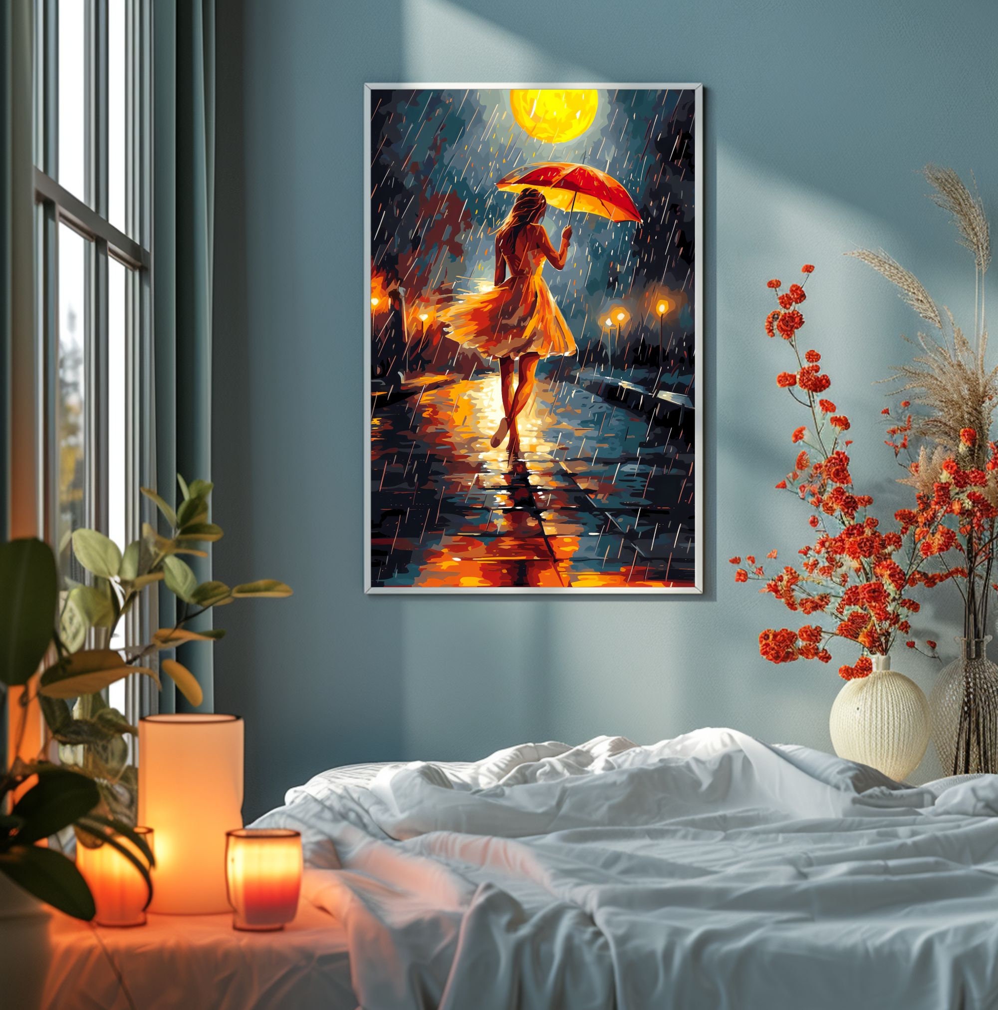 Dancing in the Rain Summer Night Elegance, Happy Woman With Red ...