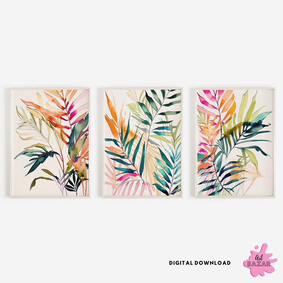 Palm Leaf Print, Set of 3 Palm Leaf Printable, Watercolor Tropical Leaf ...