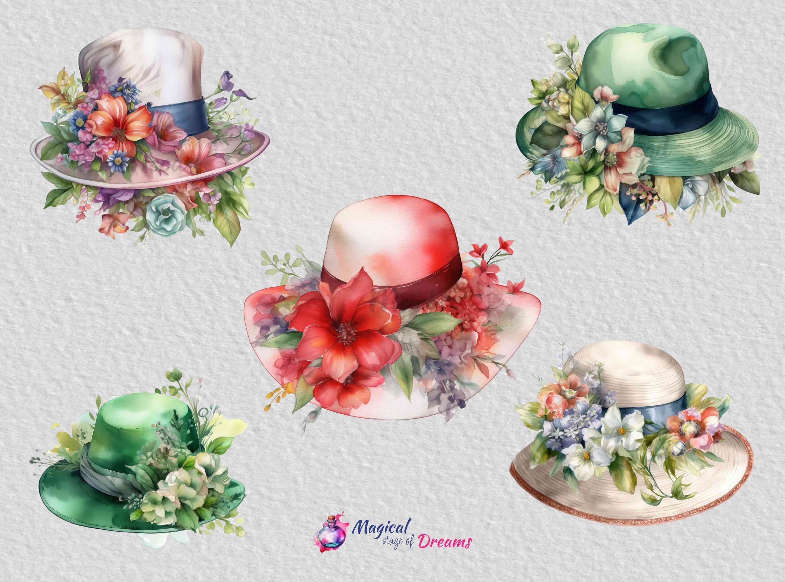 Watercolor Floral Hats Clipart PNG Scrapbooking Bundle Flowers - Etsy