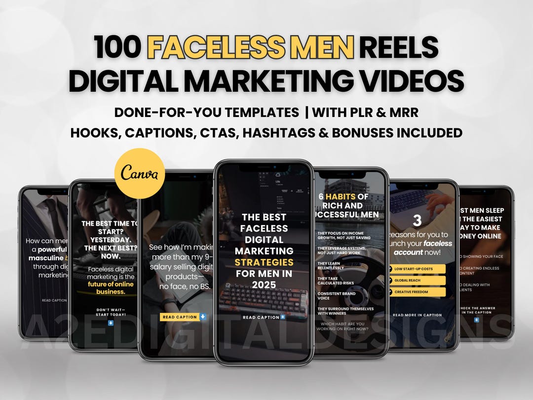 100 Faceless Men Reels: Digital Marketing Canva Templates (PLR & MRR ...