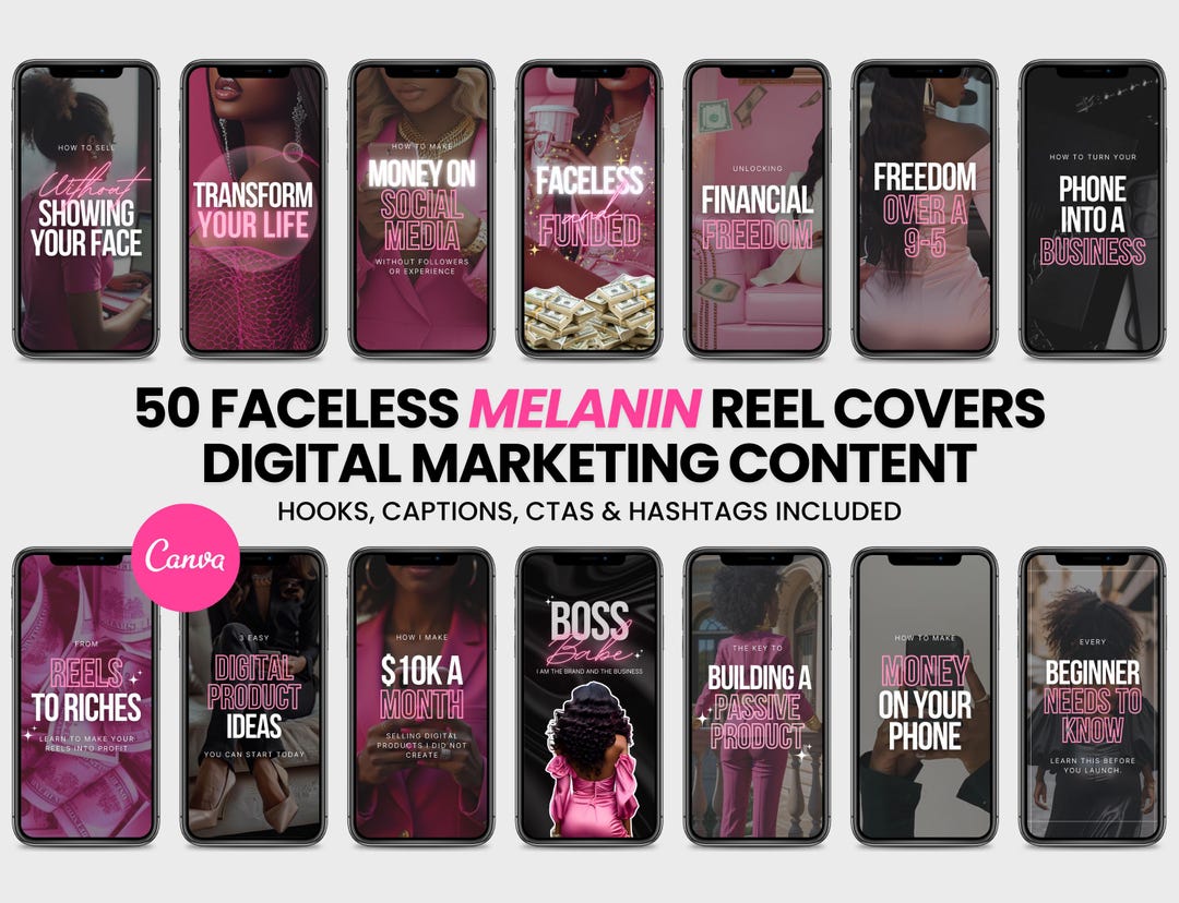 50 Faceless Melanin Reel Covers | Canva Templates With Hooks, Captions ...