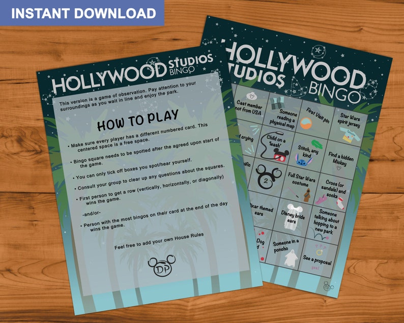 Hollywood Studios Park Bingo Game - Observation Activity - Set of 24 ...