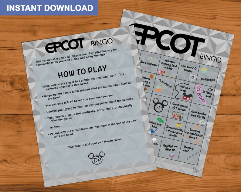 EPCOT Park Bingo Game - Observation Activity - Set of 24 Cards - Fun ...