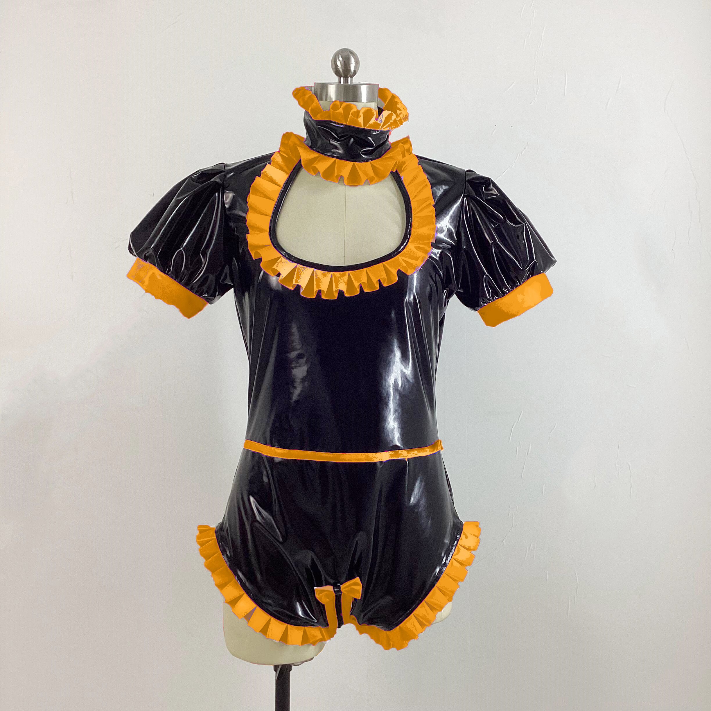 Hollow Out Zip Bodysuit PVC Short Puff Sleeve Ruffles Rompers - Etsy