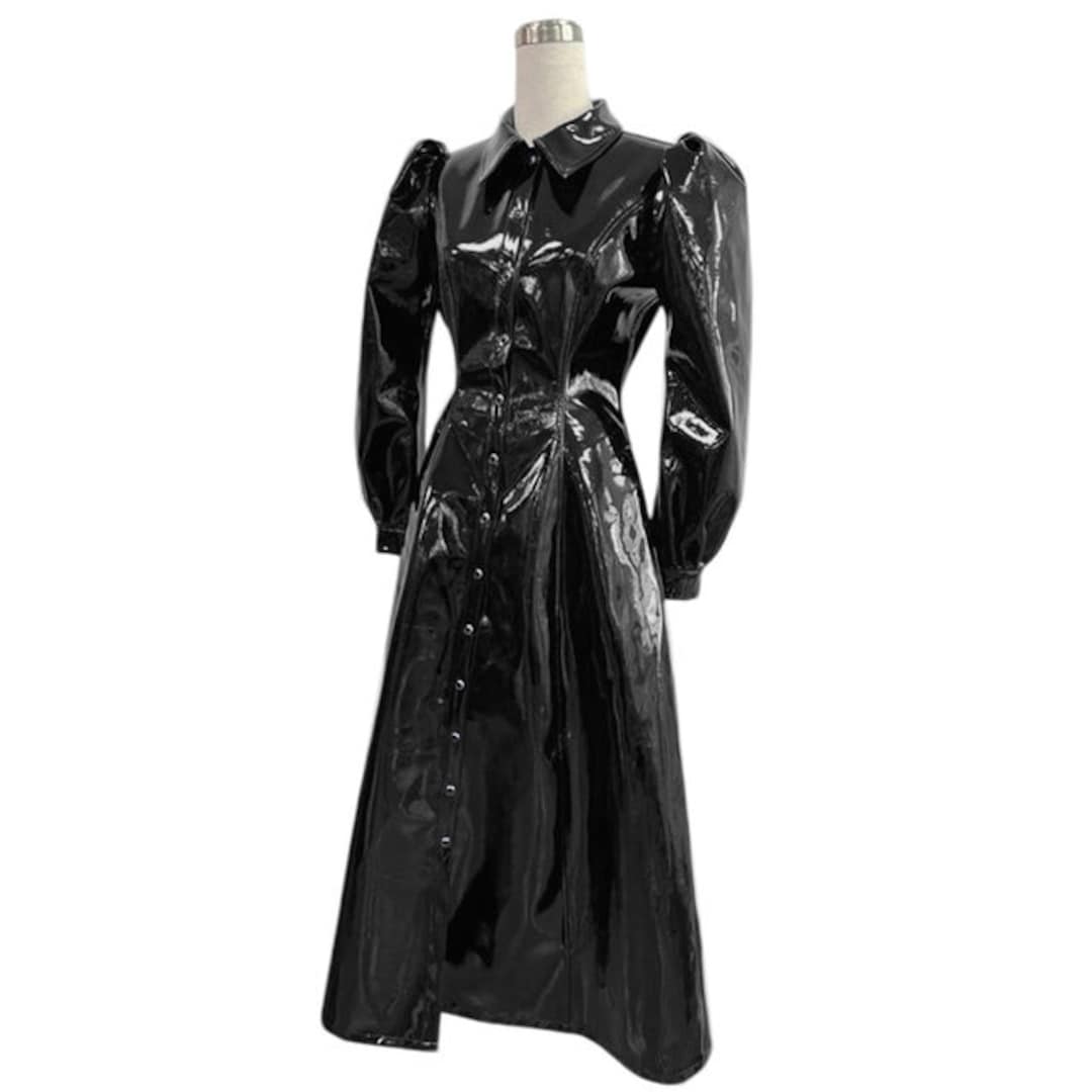 Shiny PVC Single Breasted A-line Long Dresses Turn-down Collar Dinner ...