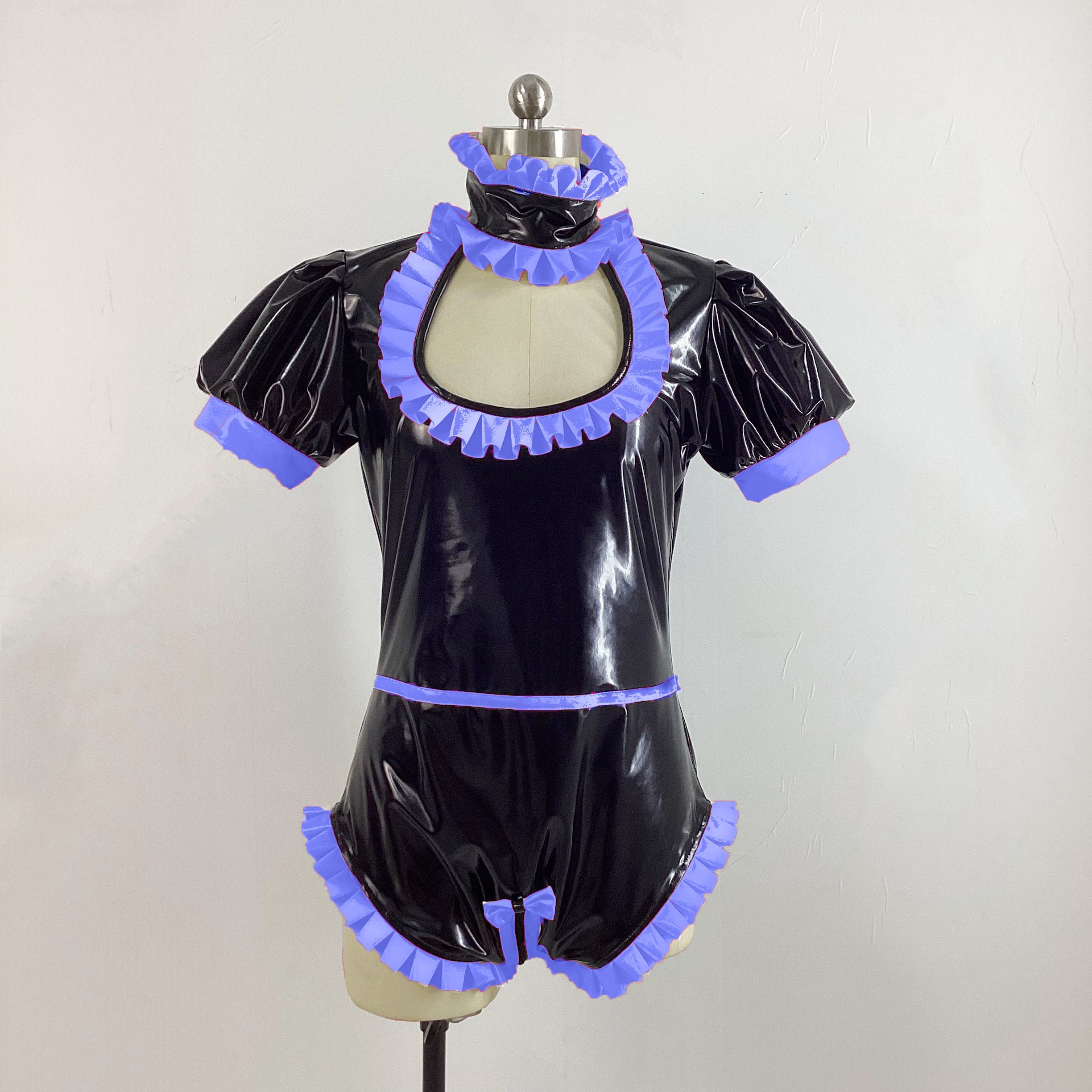 Hollow Out Zip Bodysuit PVC Short Puff Sleeve Ruffles Rompers Party ...