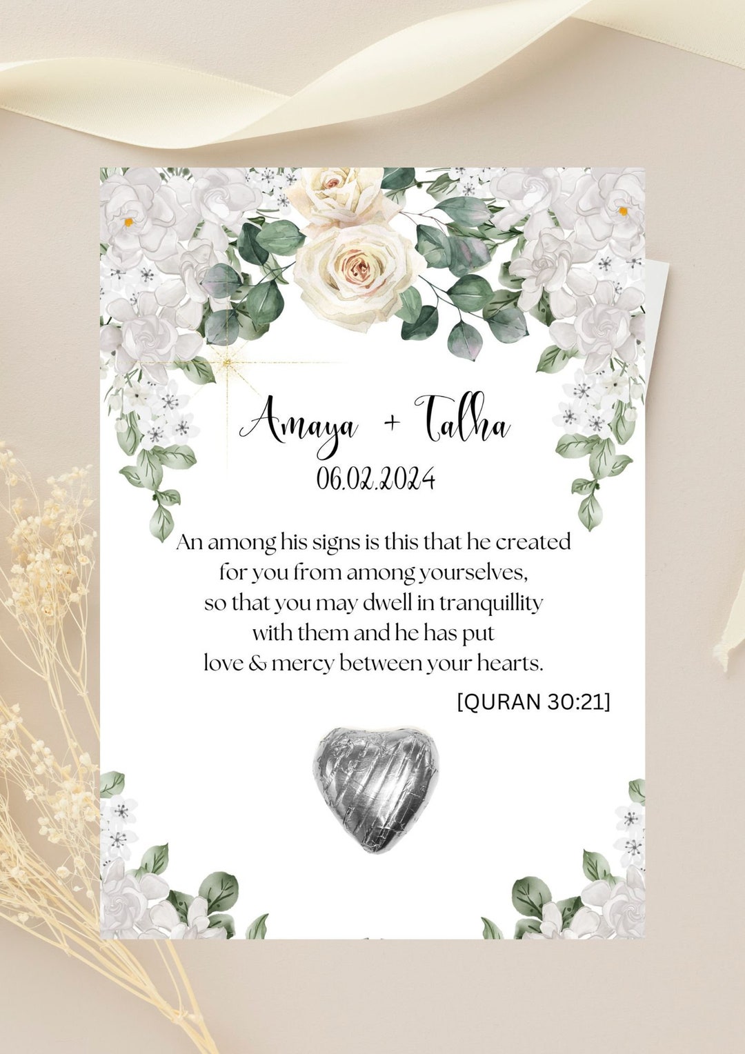 Personalised Islamic Chocolate Heart Wedding Favour, Islamic Dua Card ...