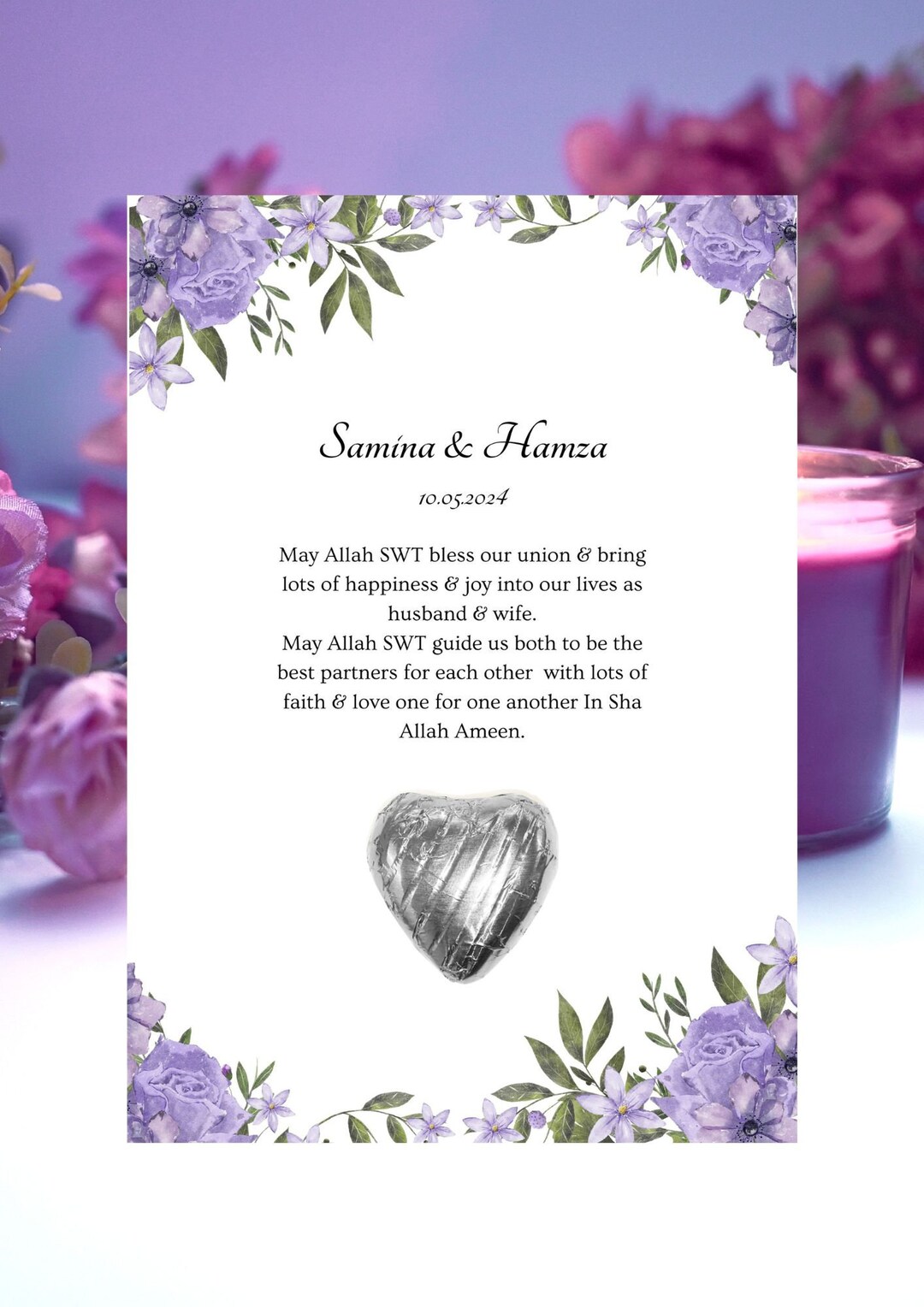 Personalised Islamic Chocolate Heart Wedding Favour, Islamic Dua Card ...