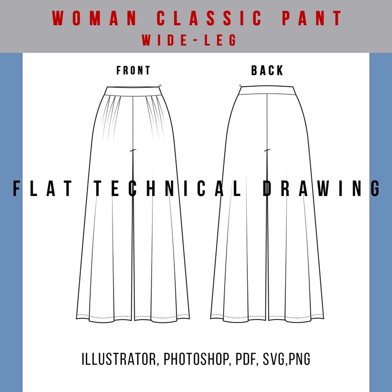 Technical Drawing Woman Pant Wide-leg, Flat Pant Vector, Illustrator ...