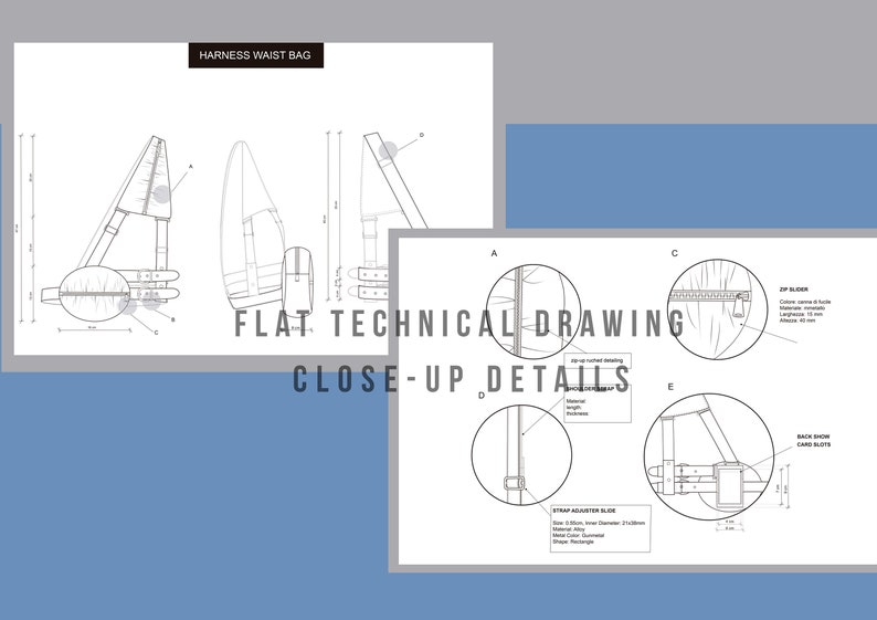 Waist Bag Tech Pack Technical Drawing, Harness Bag Flat Sketch Ai ...