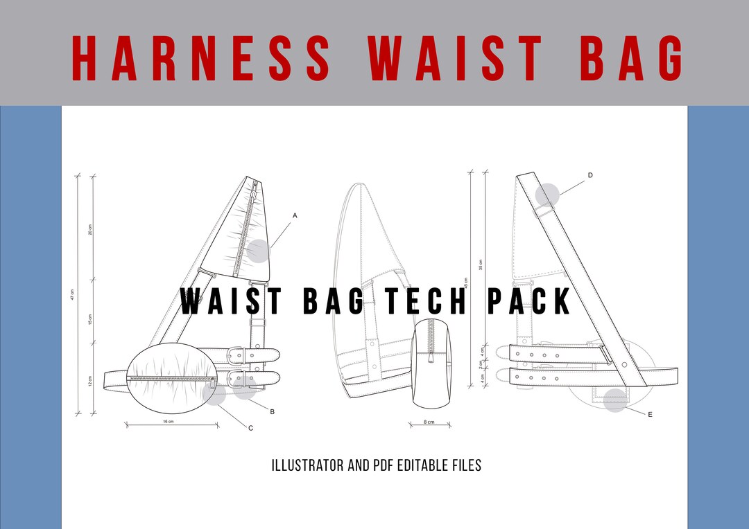 Waist Bag Tech Pack Technical Drawing, Harness Bag Flat Sketch Ai ...