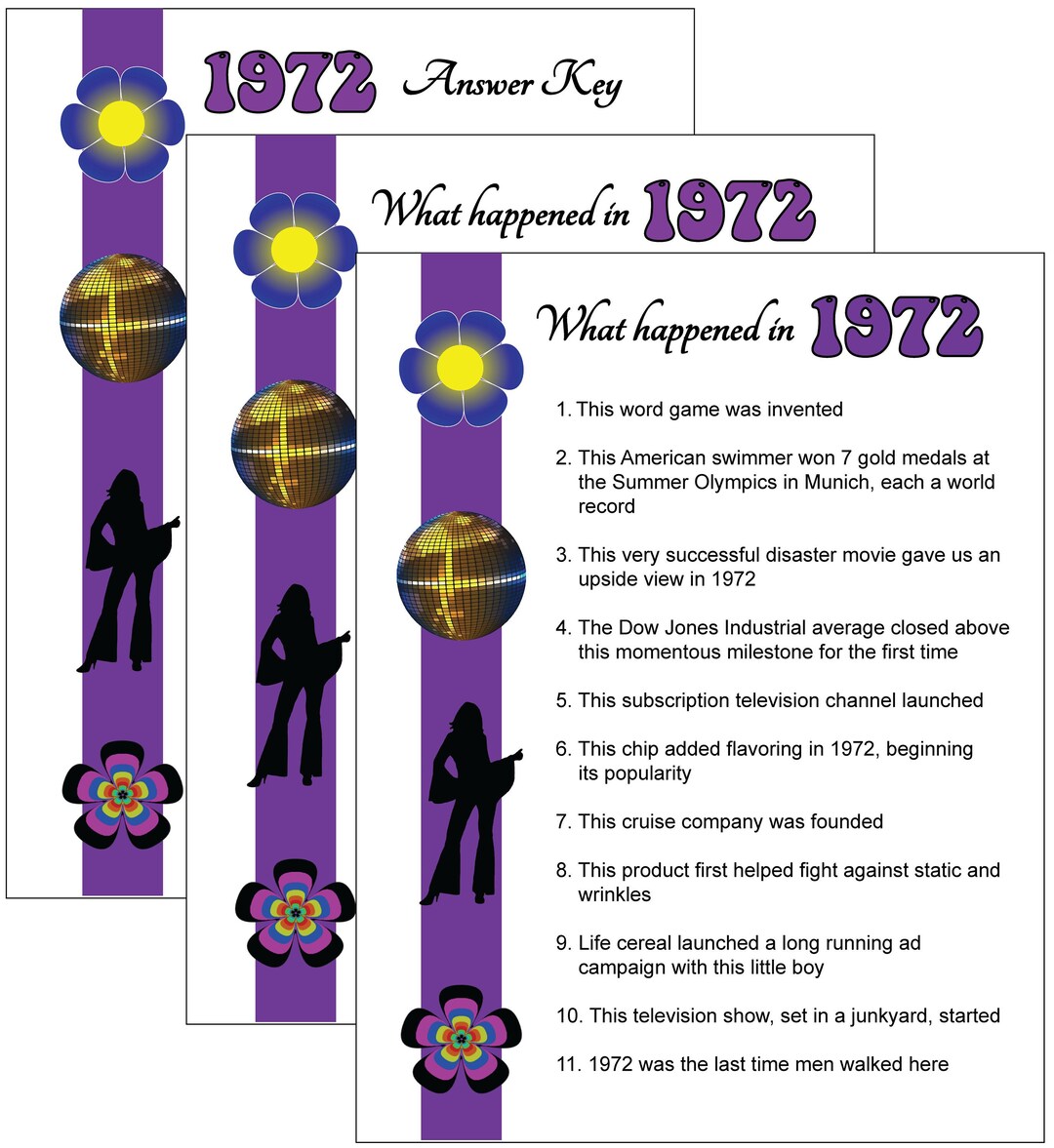 1972 Birthday Party Trivia Game - Birthday, Anniversary, Graduation ...