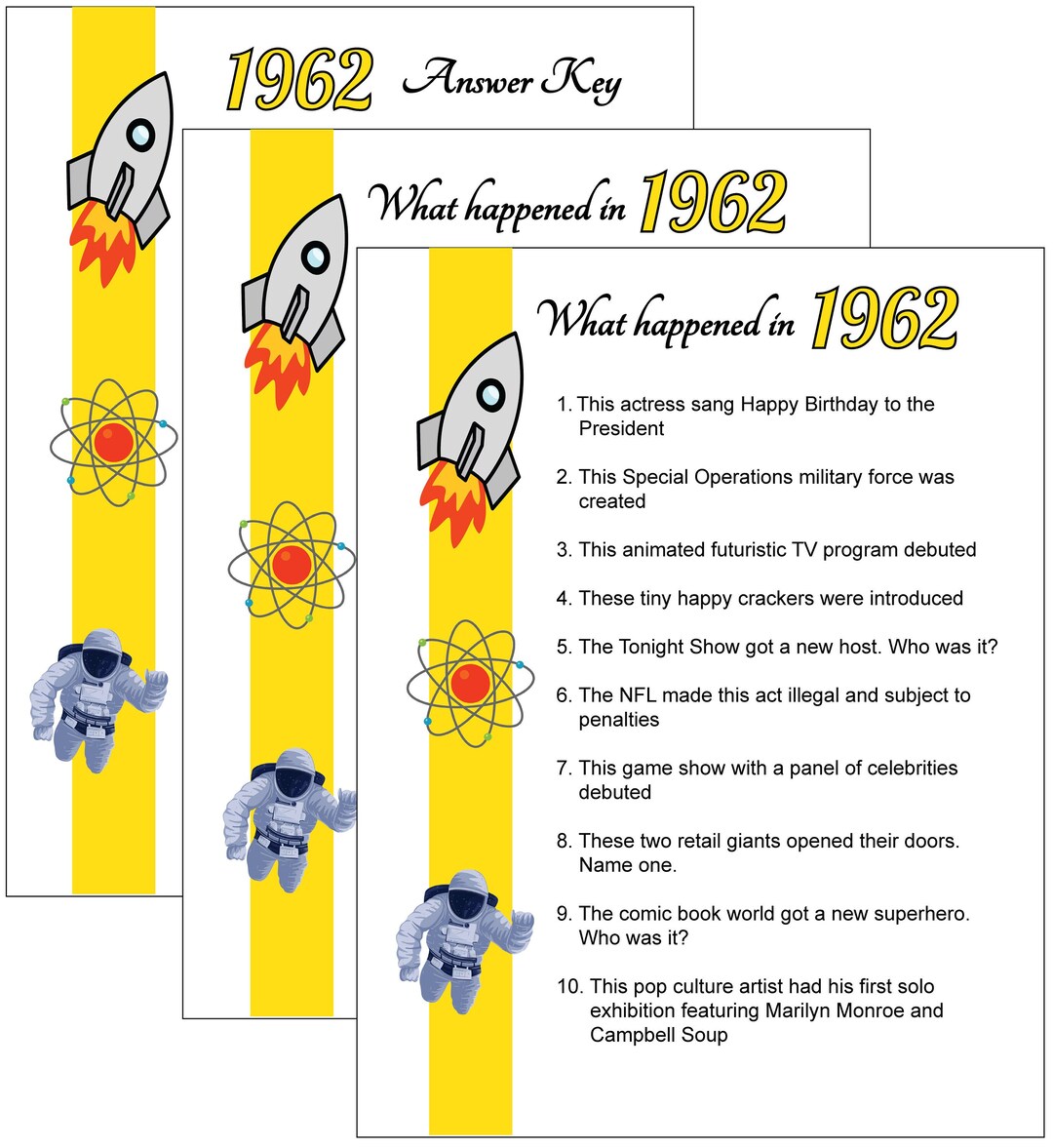 1962 Birthday Party Trivia Game - Birthday, Anniversary, Graduation ...
