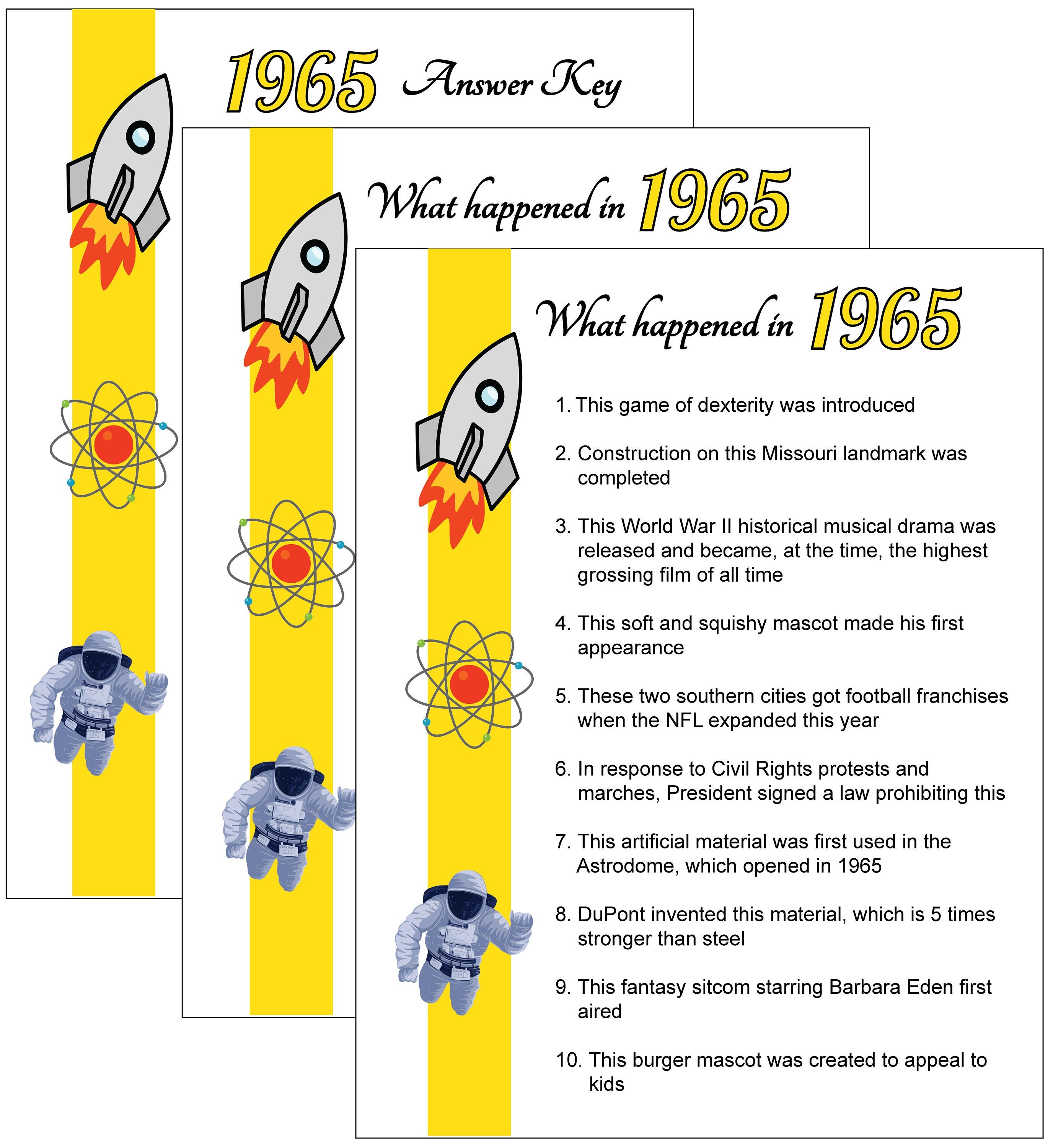 1965 Birthday Party Trivia Game - Birthday, Anniversary, Graduation ...