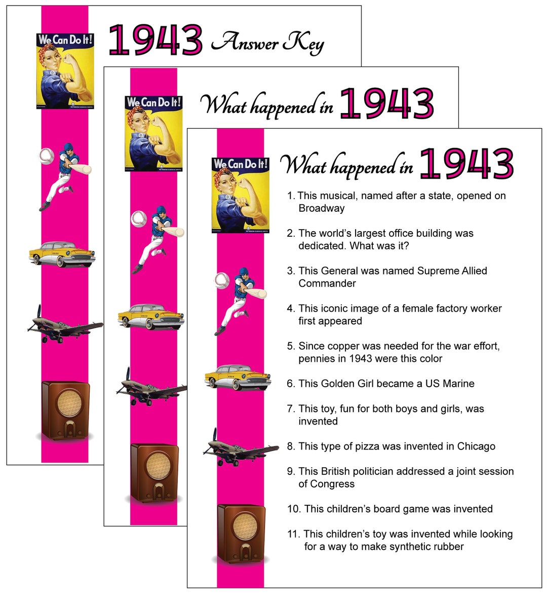 1943 Birthday Party Trivia Game - Birthday, Anniversary, Graduation ...