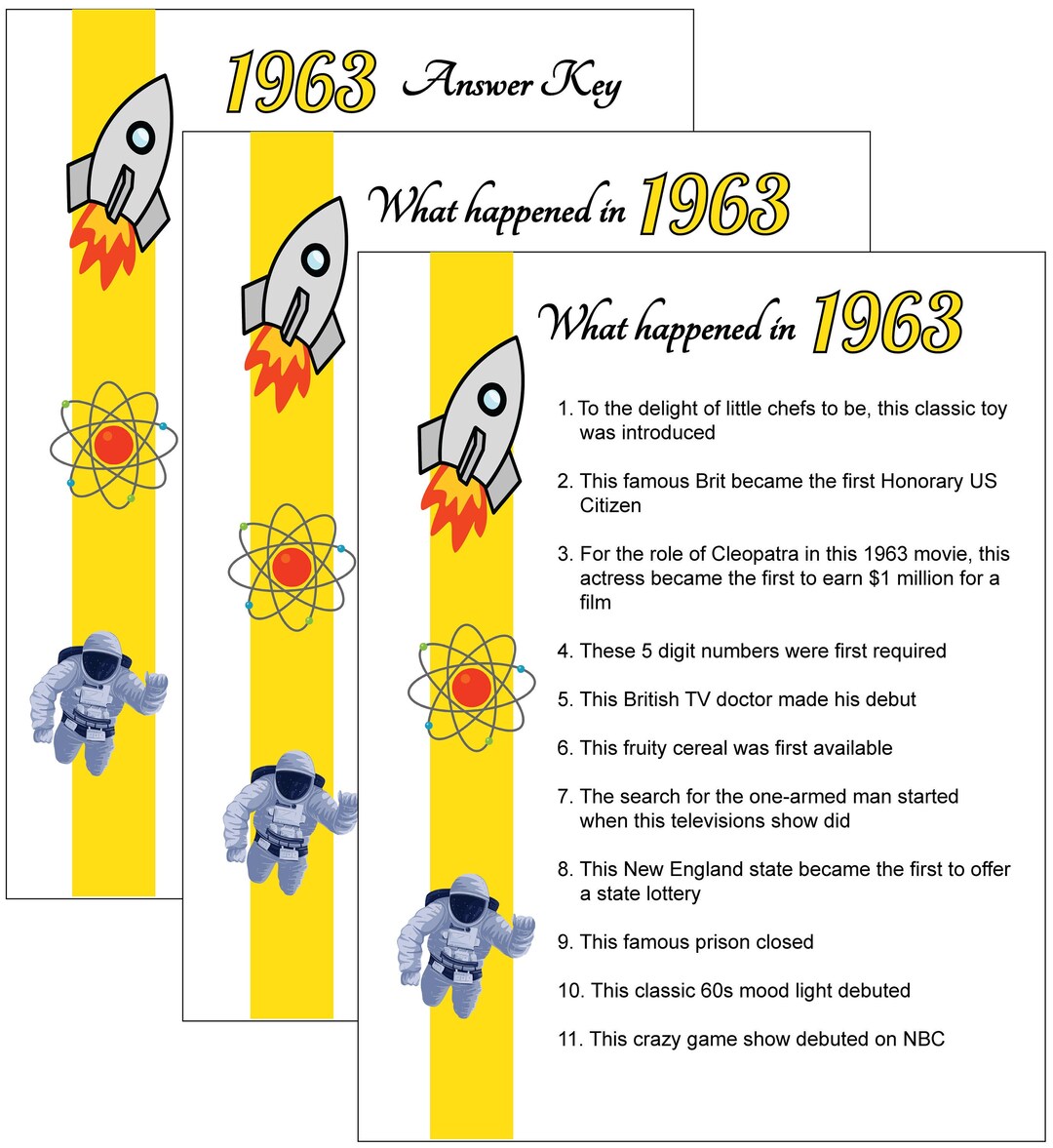 1963 Birthday Party Trivia Game - Birthday, Anniversary, Graduation ...