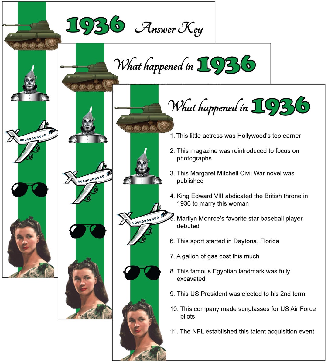 1936 Birthday Party Trivia Game - Birthday, Anniversary, Graduation ...