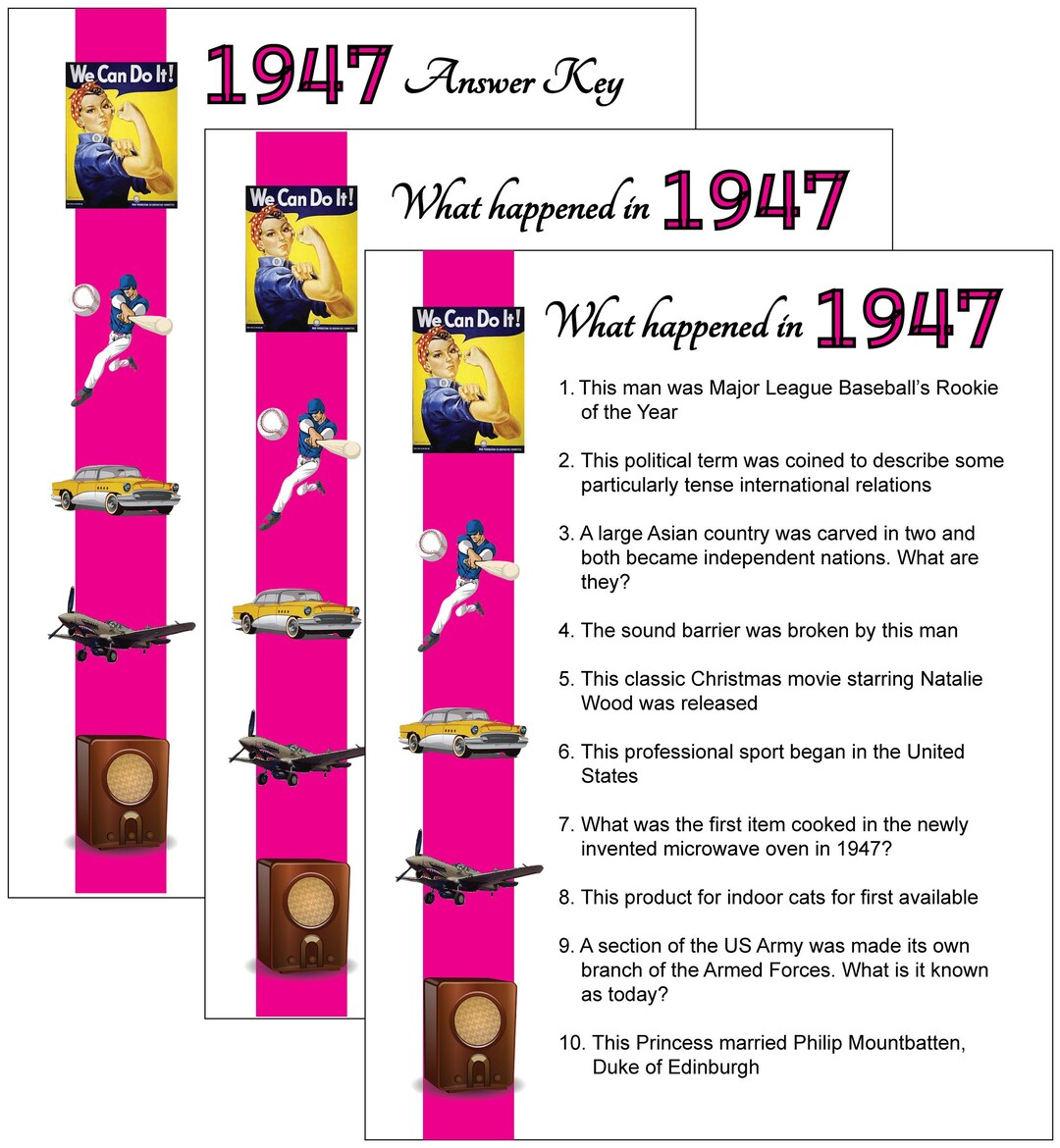 1947 Birthday Party Trivia Game Birthday, Anniversary, Graduation ...