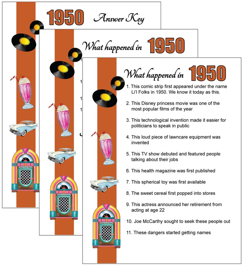 1950 Birthday Party Trivia Game - Birthday, Anniversary, Graduation ...