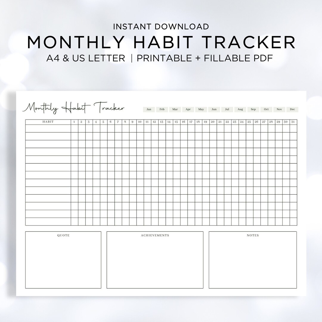 Monthly Habit Tracker Printable Landscape, Habit Tracker Template ...