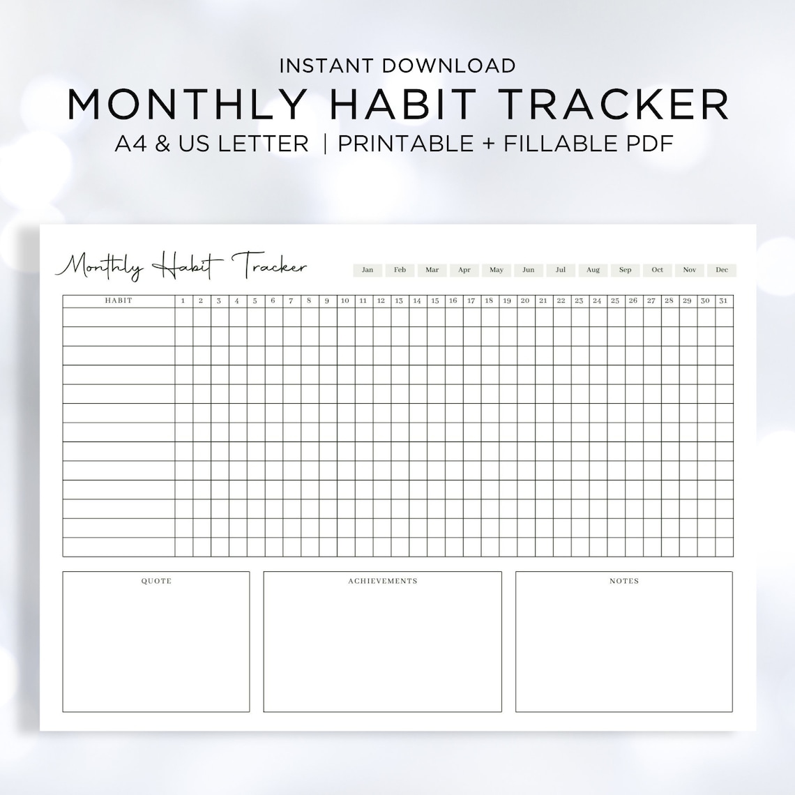 Monthly Habit Tracker Printable Landscape, Habit Tracker Template ...