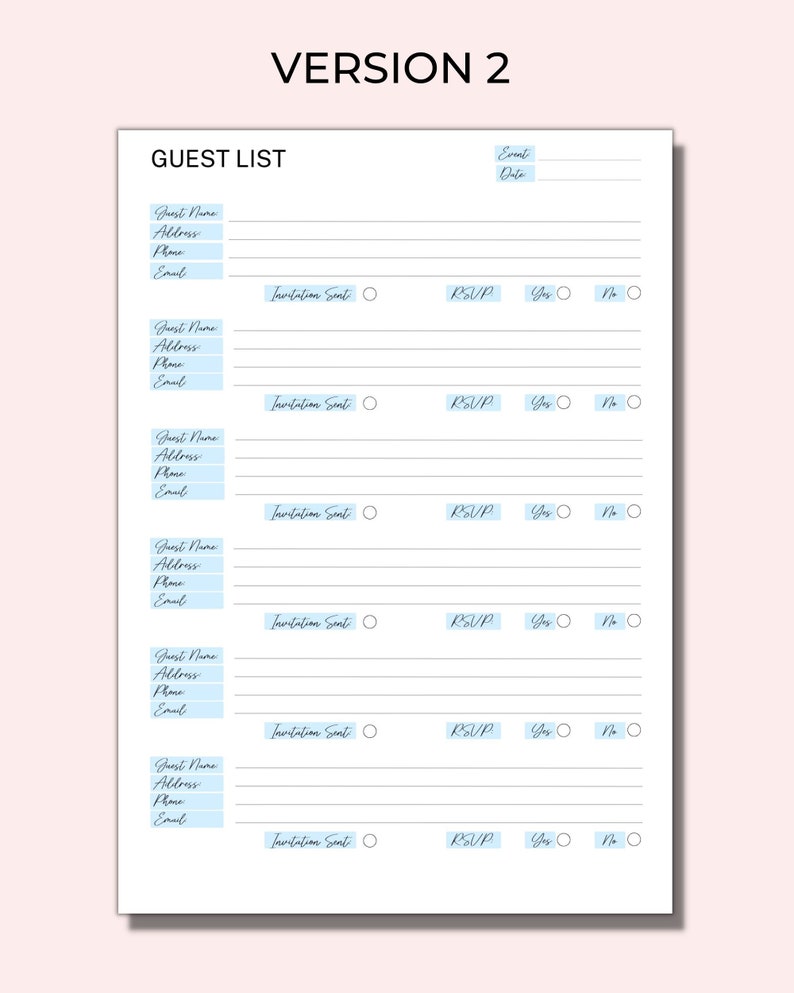 Guest List Template Guest List Tracker Party Events - Etsy