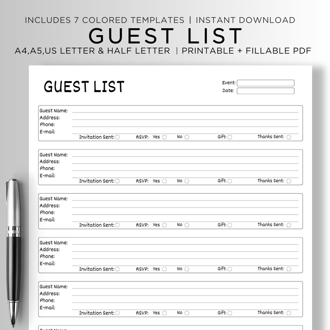 Guest List Template, Guest List Tracker, Party, Events, Birthday ...