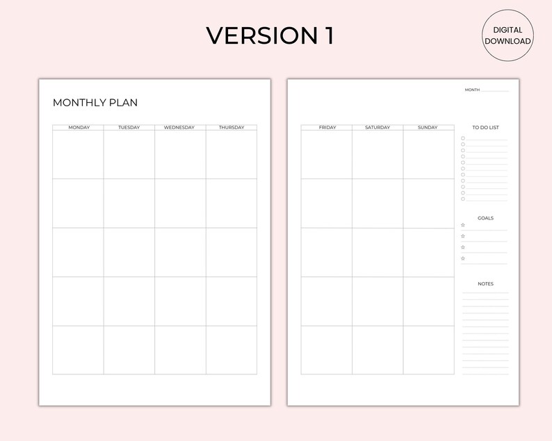 Undated Monthly Planner Printable, Month on Two Pages, Month at a ...
