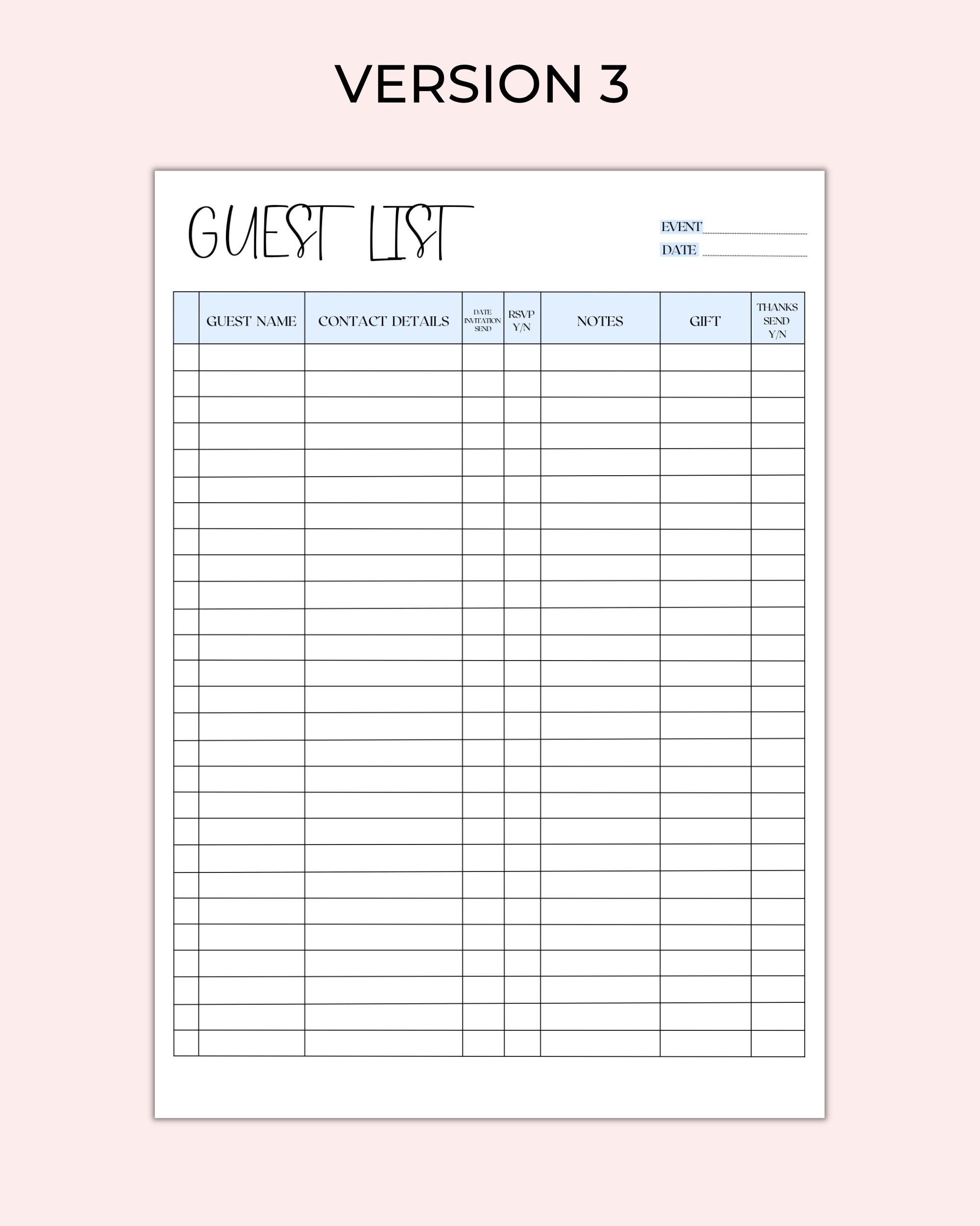 Guest List Template Guest List Tracker Party Events - Etsy