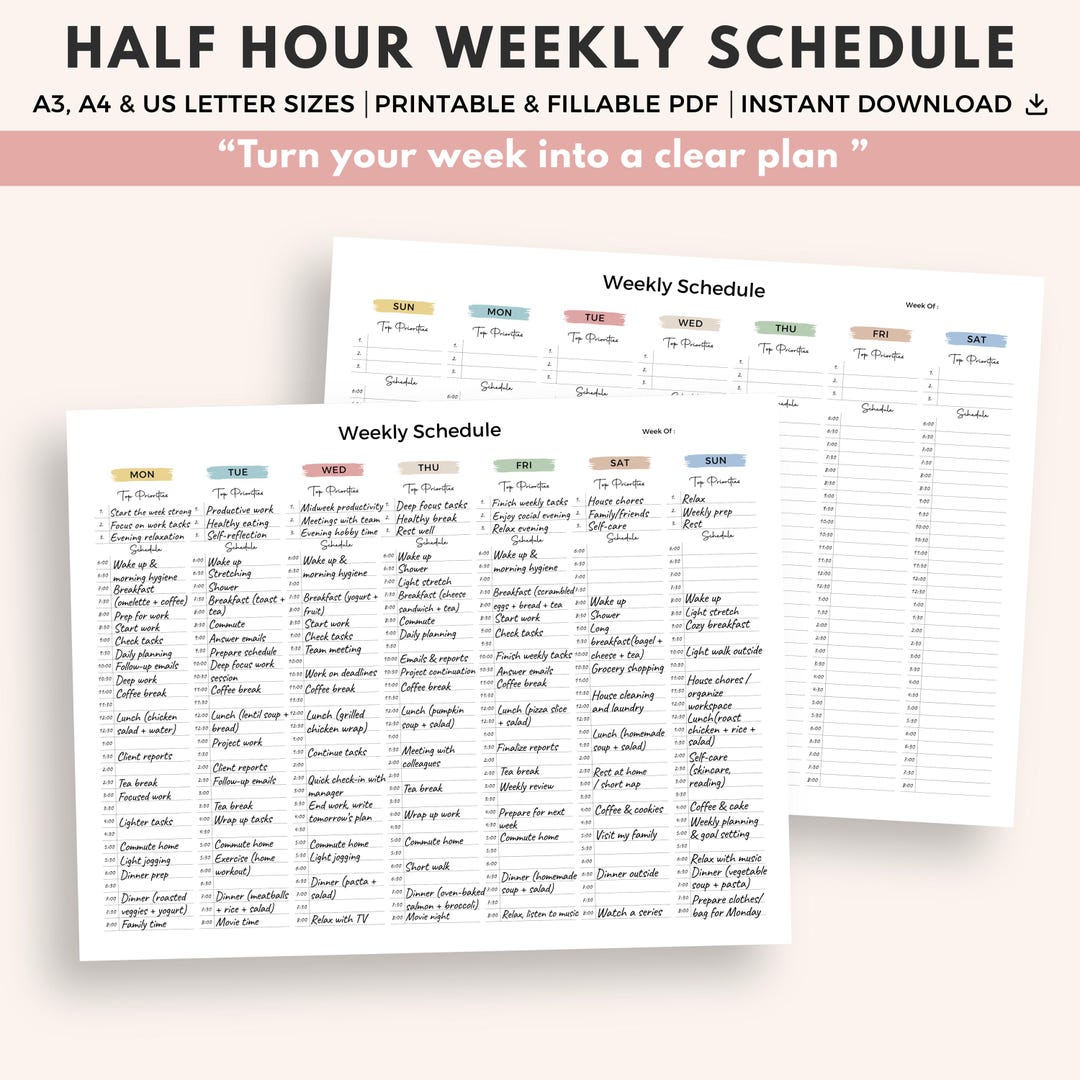Half Hour Weekly Schedule: Minimalist, Pastel Weekly Planner, Printable ...