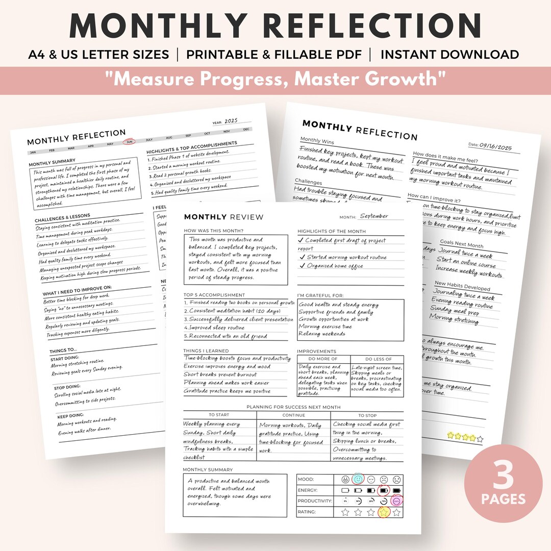 Monthly Reflection Printable Bundle: Review, Evaluation, Summary ...