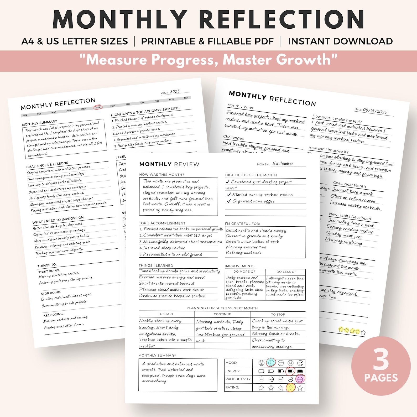 Monthly Reflection Printable Bundle: Review, Evaluation, Summary ...